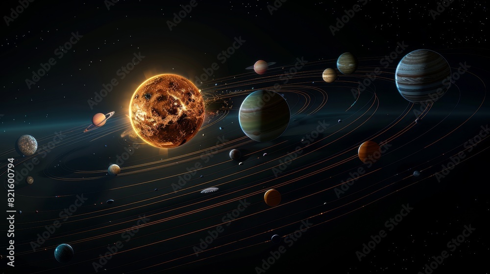 An illustration of the solar system, featuring detailed renderings of ...