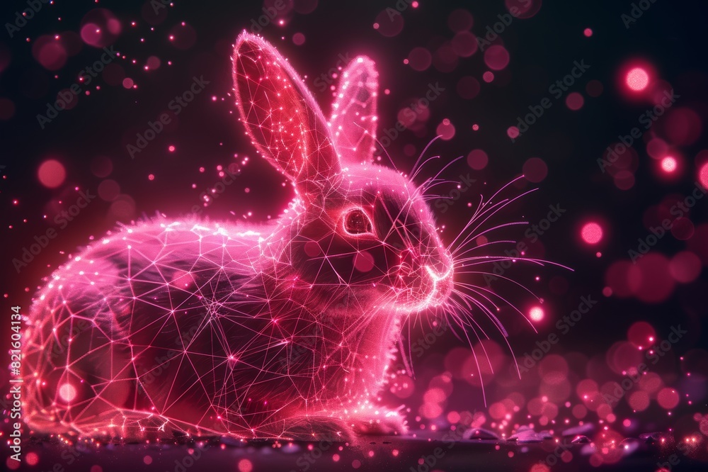 Digital neon pink bunny illustration with particle effects and ...
