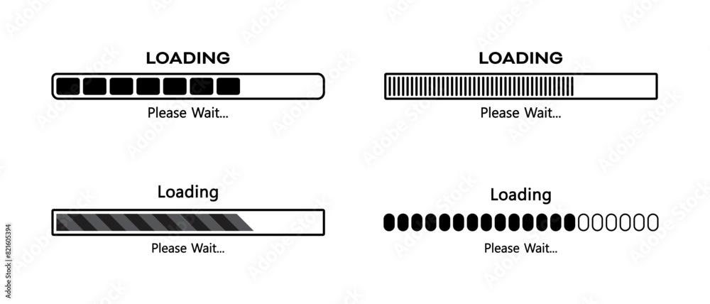 Loading please wait rectangular bar various icon set of four in black color. Set of vector ...