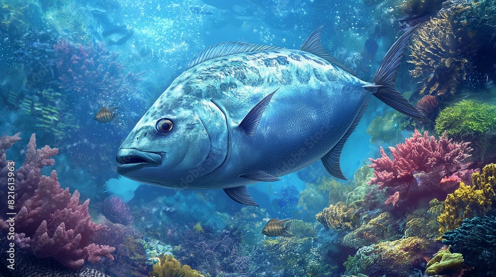 Ulua Giant Trevally with Protruding Jaw Swimming in Vibrant Coral Reef ...