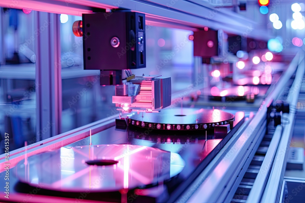 High-tech factory with semiconductor wafer substrates on a conveyor ...