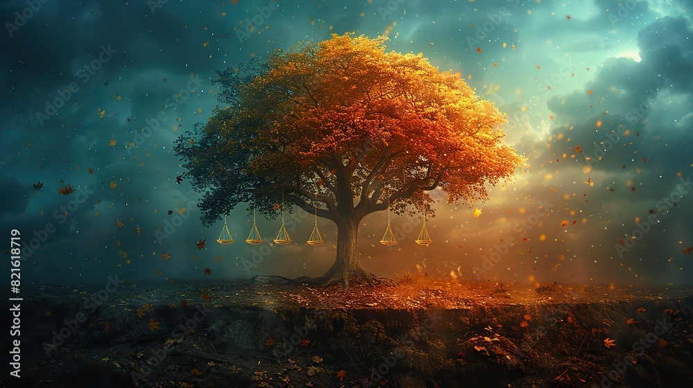 A conceptual artwork of a tree with branches holding symbols of justice ...