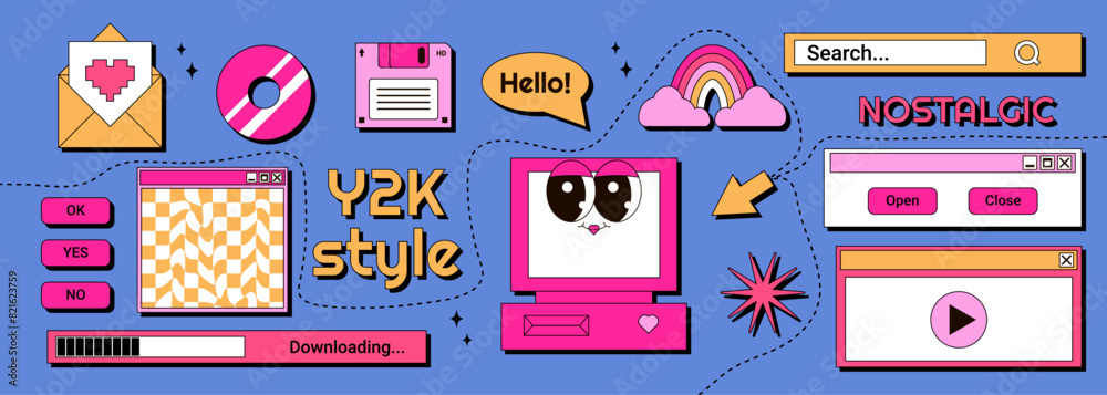 2000s retro element, sticker set. Groovy character computer with cute ...