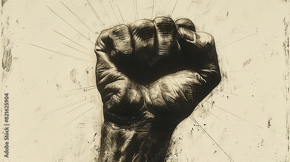 A drawing of a raised fist with rays emanating from it, symbolizing ...