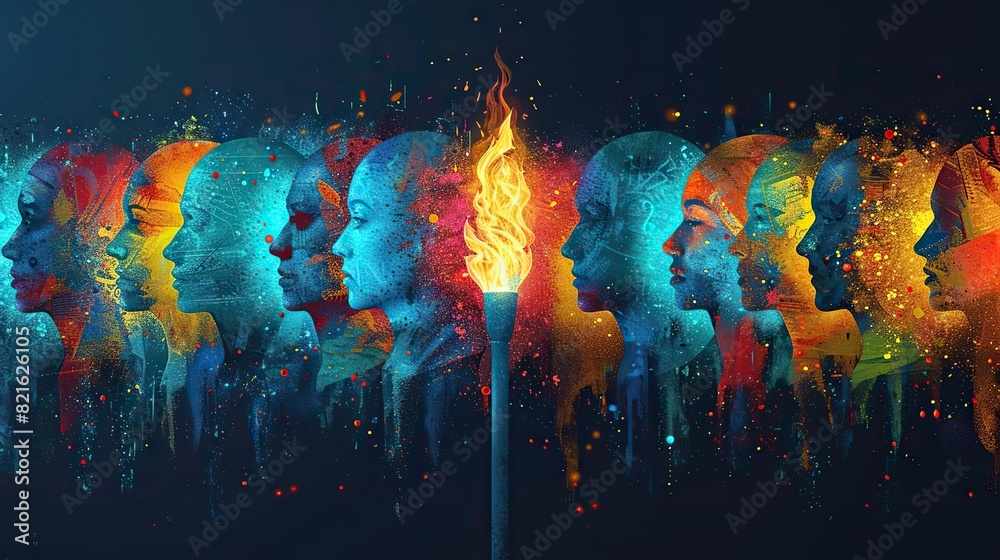 An illustration of a torch with flames shaped like diverse faces ...