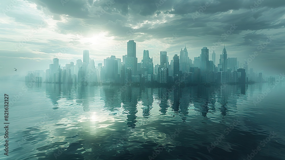 A city submerged up to the rooftops in rising water conceptual ...