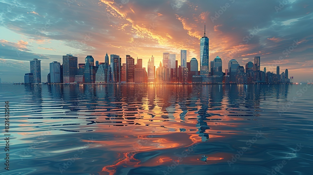 A cityscape submerged in rising sea levels with skyscrapers peeking ...