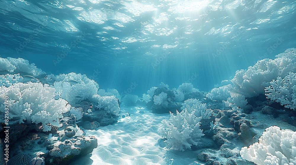 A coral reef bleaching and turning white with lifeless marine creatures ...