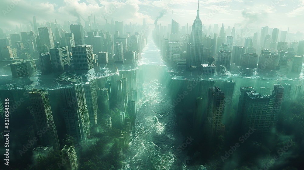 A city submerged under water with only the tallest buildings visible ...