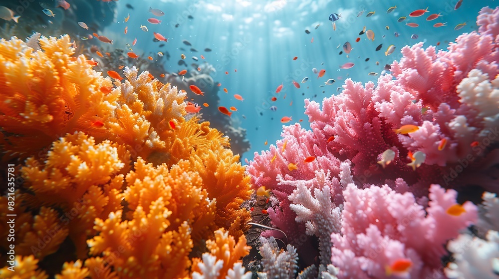 A dying coral reef with vibrant colors faded to white conceptual ...