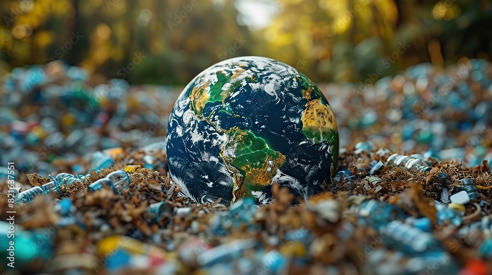 A globe surrounded by piles of plastic waste conceptual illustration of ...