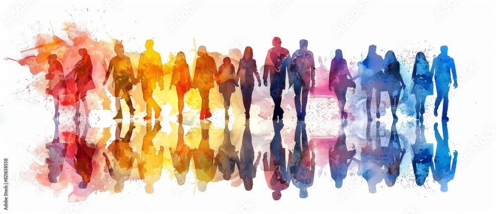 Colorful group of people walking together in silhouette on white ...