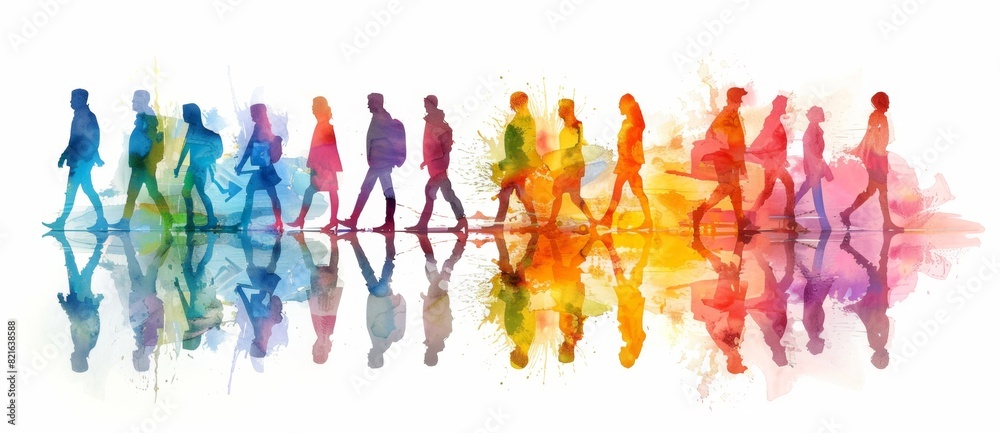 Colorful group of people walking together, watercolor illustration on ...
