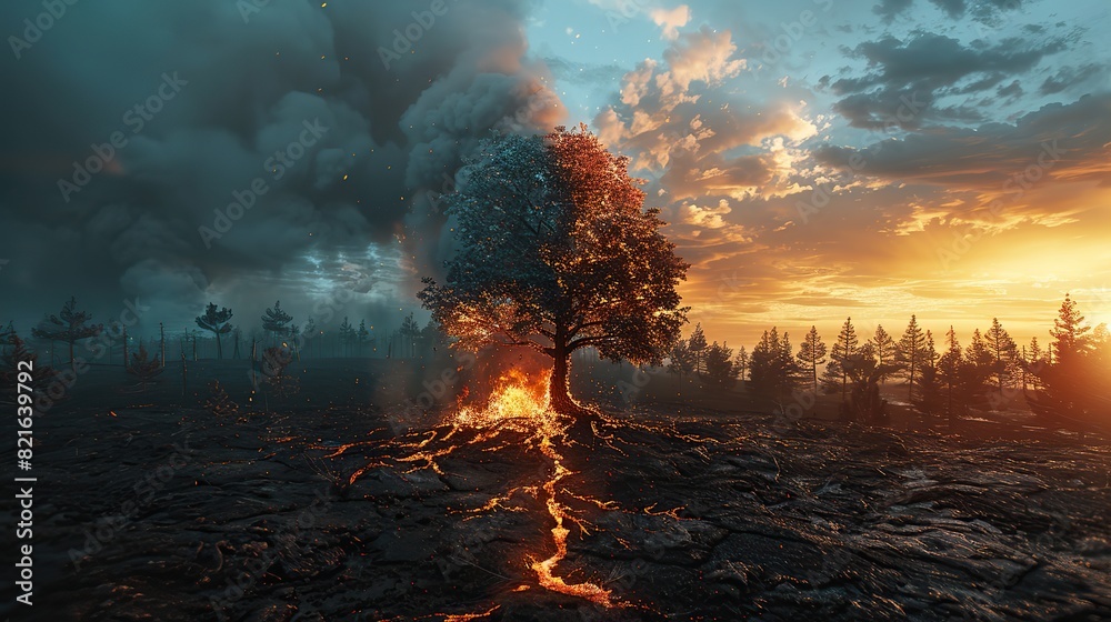 A tree half-alive and half-burnt standing in a scorched forest ...