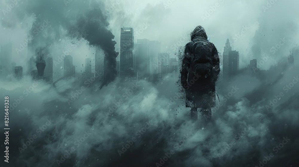 A city shrouded in thick smog with people wearing gas masks conceptual ...