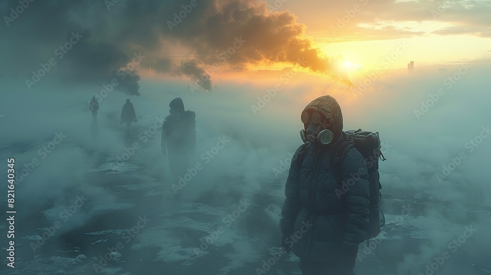 A city shrouded in thick smog with people wearing gas masks conceptual ...