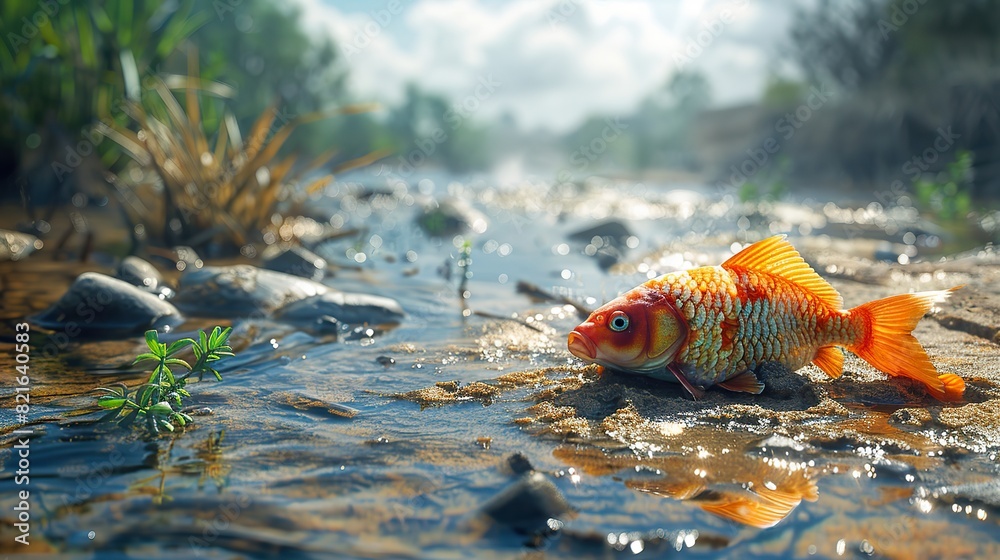 A dry riverbed with a single parched fish struggling to survive ...