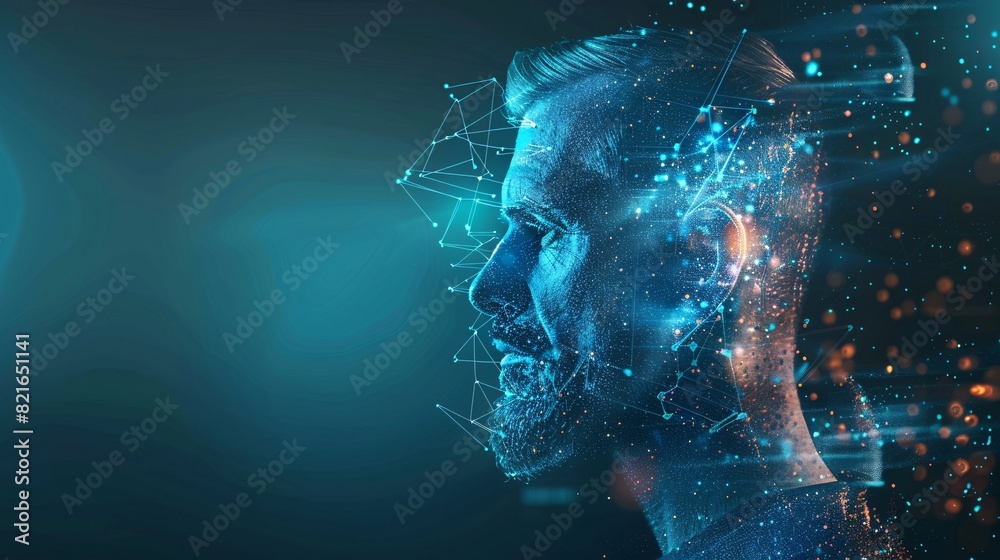 The side profile of a digital human head made of circuitry, against a dark background with ...