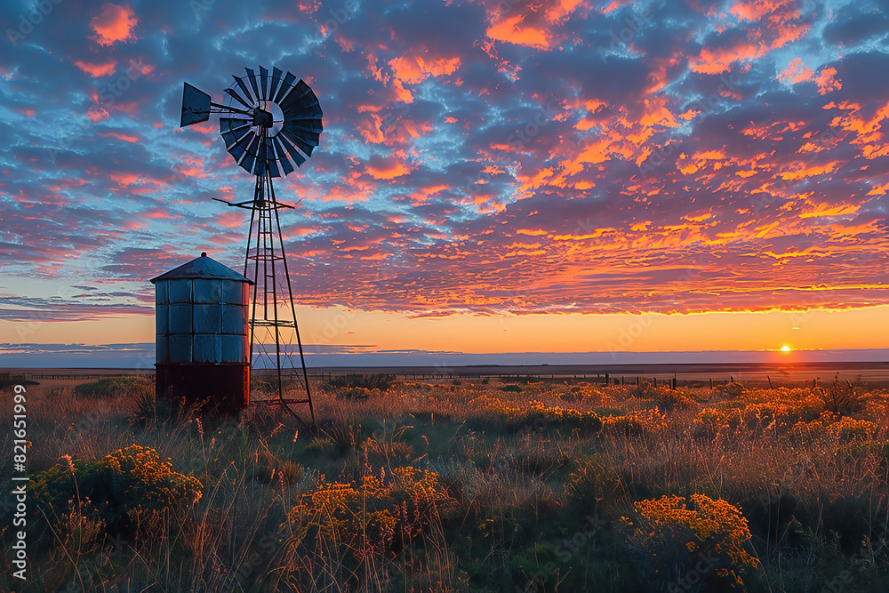 Colorful Australian outback sunset landscape with a windmill, and ...