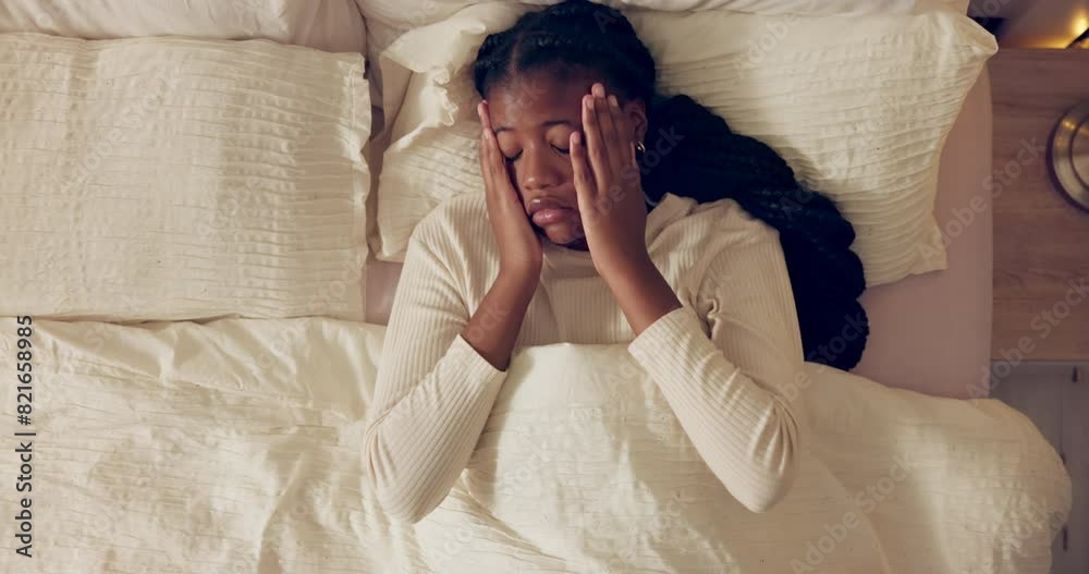 Tired, woman and wake up with depression in bed and frustrated by ...