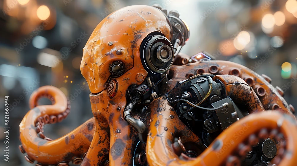 Formidable Cyborg Octopus Warrior in Gritty Industrial Setting with ...