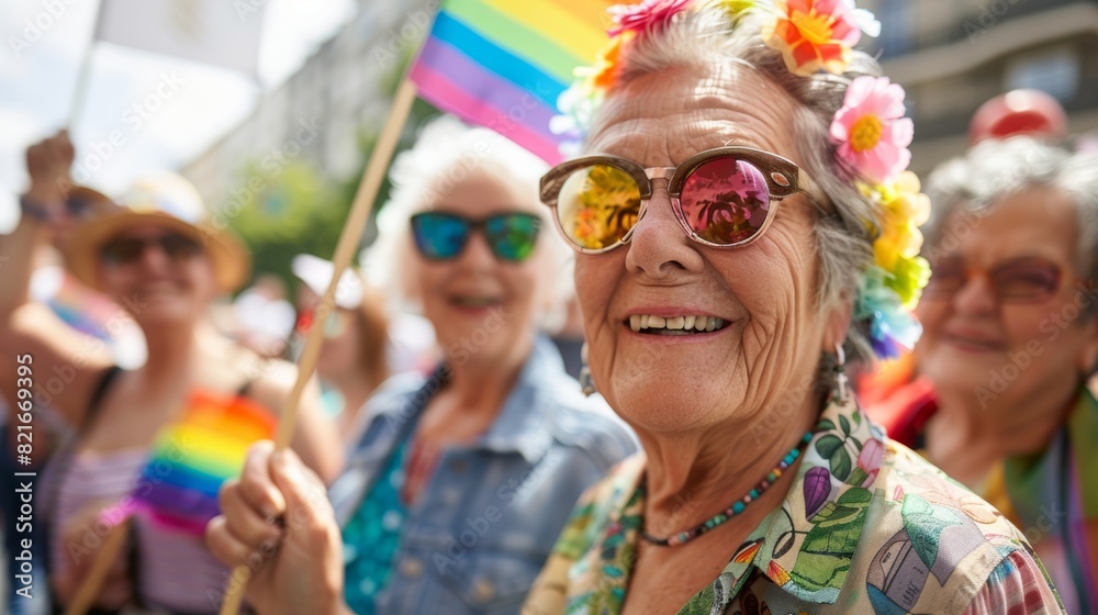 A group of elderly people proudly participating in a pride parade ...