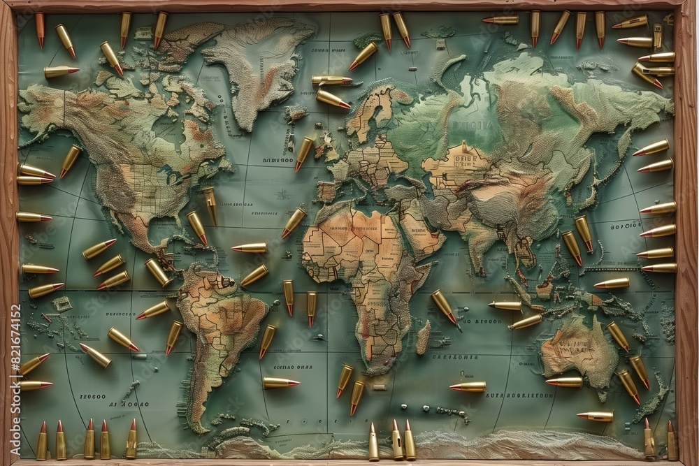 Weapons cartridges world map war concept of militarization of the ...