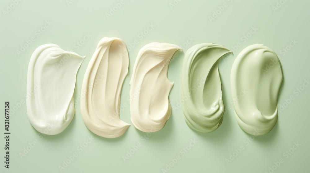 Five swatches of creamy, light green and white beauty products on a ...