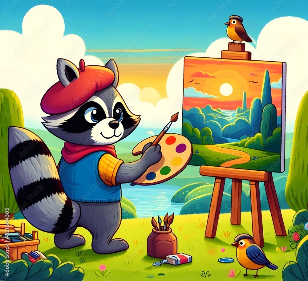 Cartoon raccoon artist painting a landscape, with a palette of bright ...