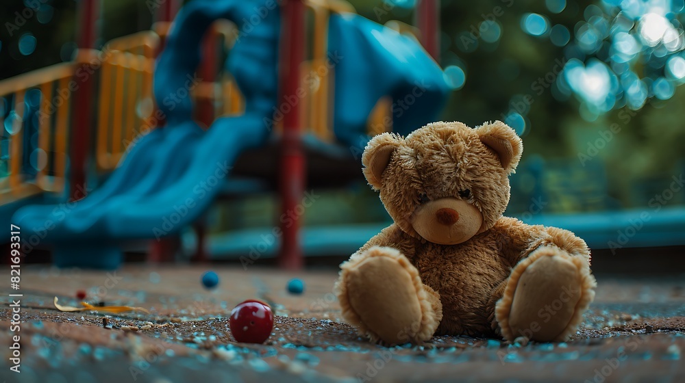 Lost teddy bear toy lying don on playground floor in gloomy day lonely ...