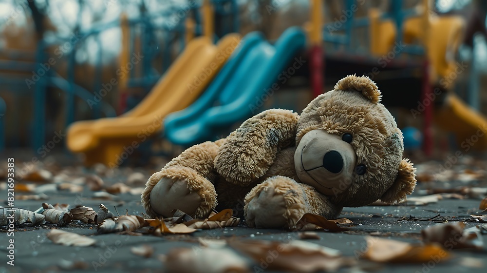 Lost teddy bear toy lying don on playground floor in gloomy day lonely ...