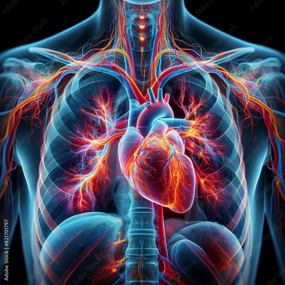 An X-ray image of the chest that shows the heart and lungs. including ...