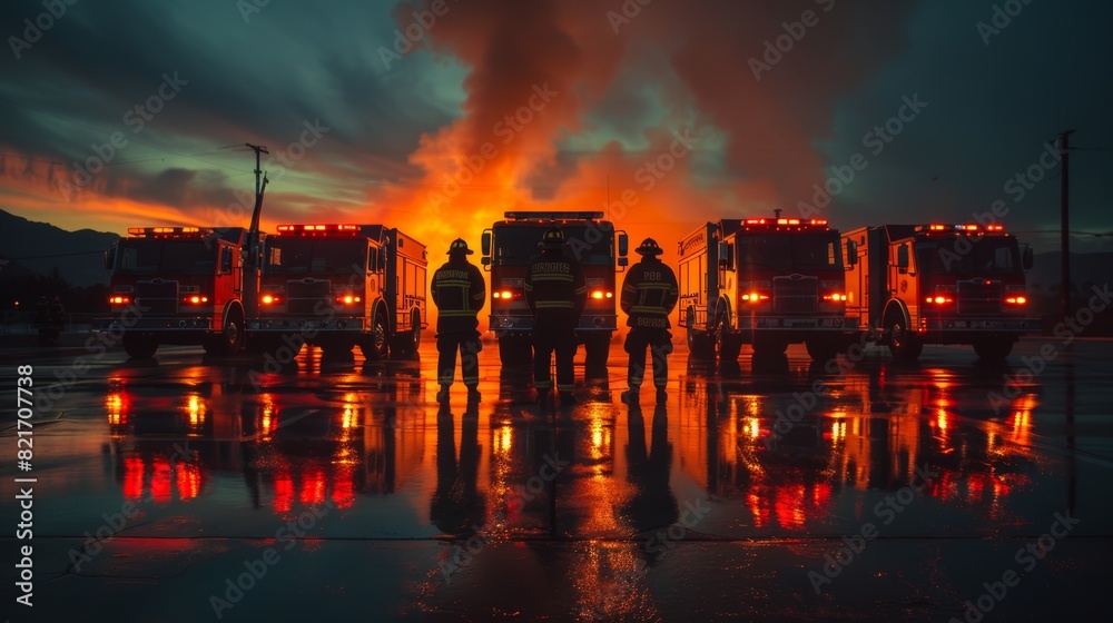 Group of firefighters standing in front of fire trucks at sunset with ...