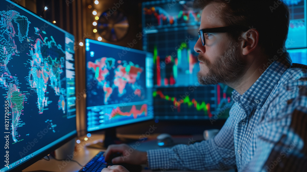 Young data analyst looking at various data visualizations and charts on ...