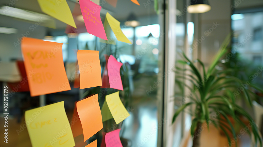 Post-it notes with inscriptions are stuck on the office window ...