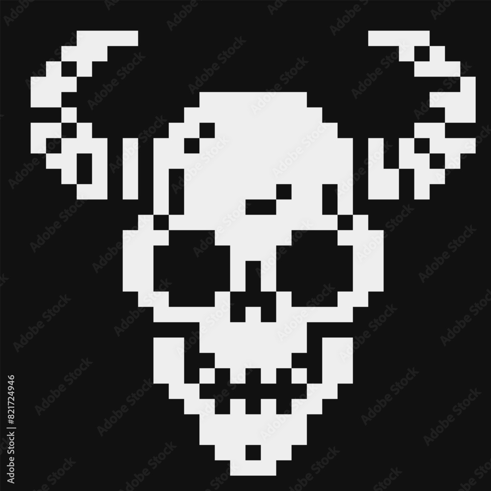 Human skull with horns pixel art icon, creepy demon character isolated ...