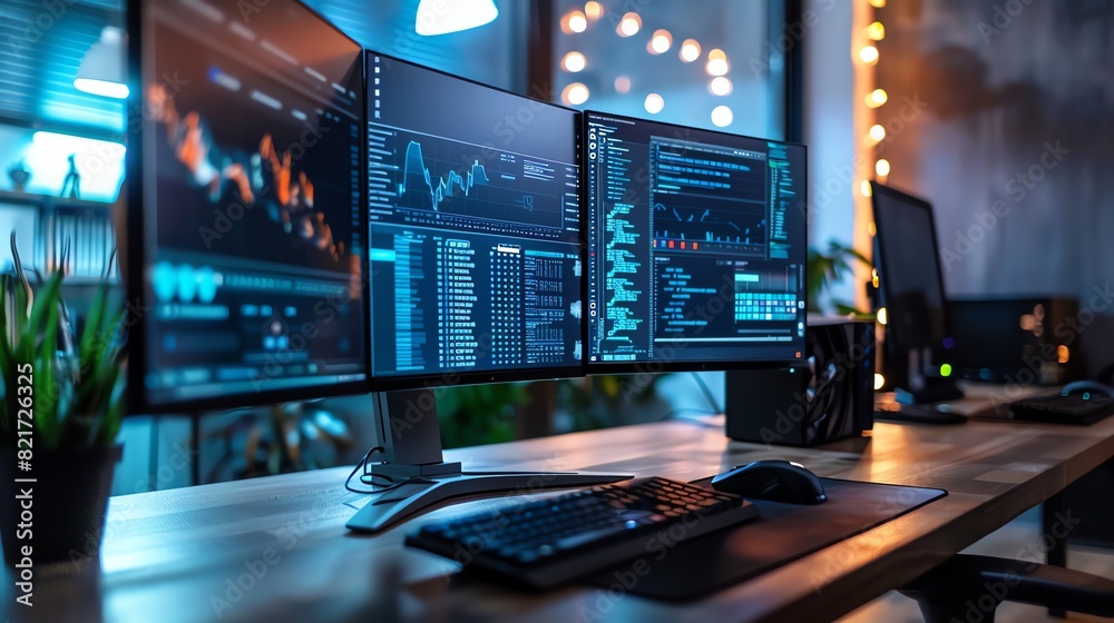 Modern workstation with multiple monitors displaying financial data and charts in a stylish ...