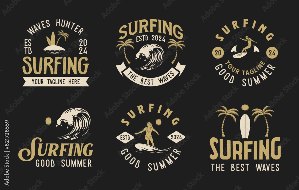 Vintage Surf club vector logo set template. Set of surfing emblems ...
