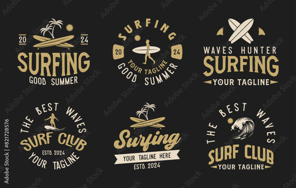 Vetor de Vintage Surf club vector logo set template. Set of surfing ...