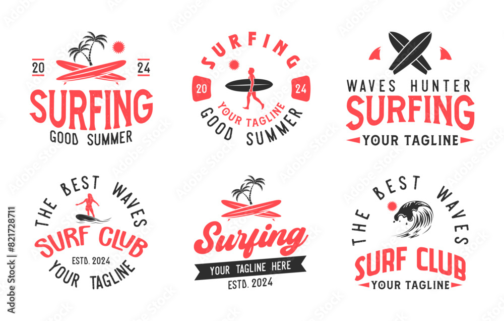 Vintage Surf club vector logo set template. Set of surfing emblems ...