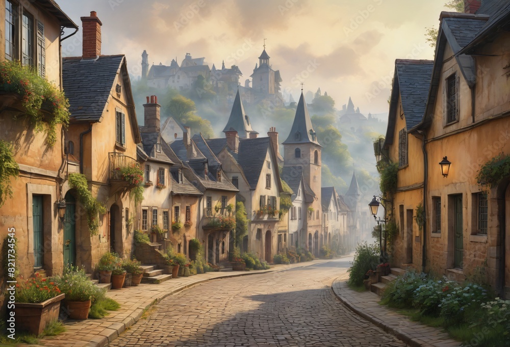 Artwork: A Medieval Townscape with Cobblestone Streets and Timber ...