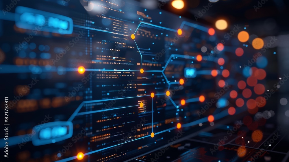 A computer screen displaying a flowchart with connected steps and ...