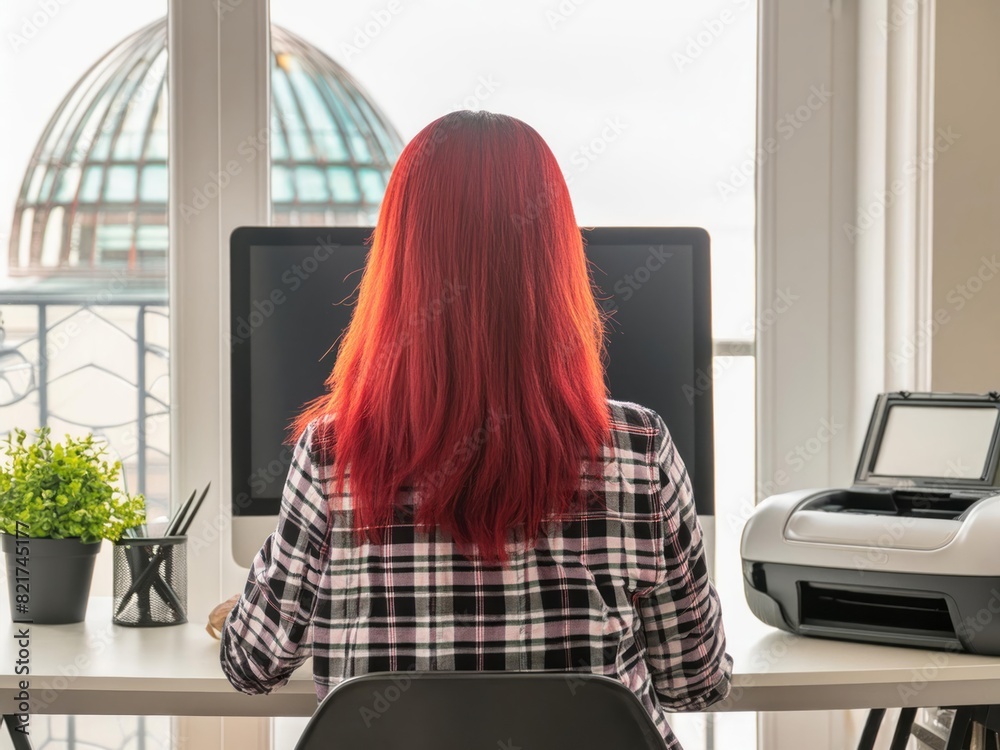 computer screen, in a modern home office setup, with a large white ...