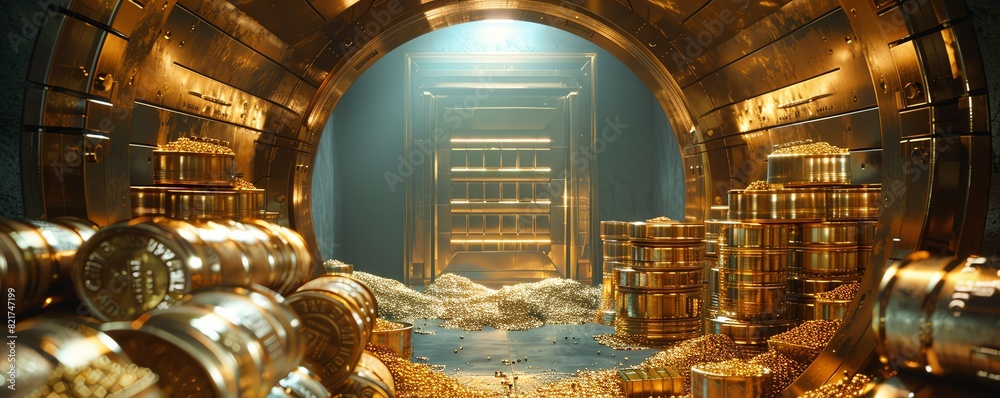An elegant golden vault door opening to reveal stacks of gold bars and ...
