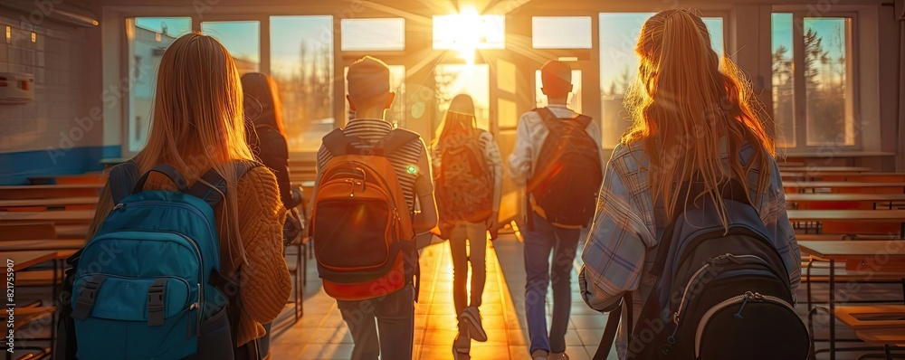 School kids with rucksacks entering classroom, rear view, back to ...