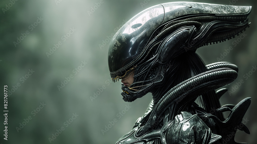 Futuristic female warrior in intricate biomechanical armor stands ...