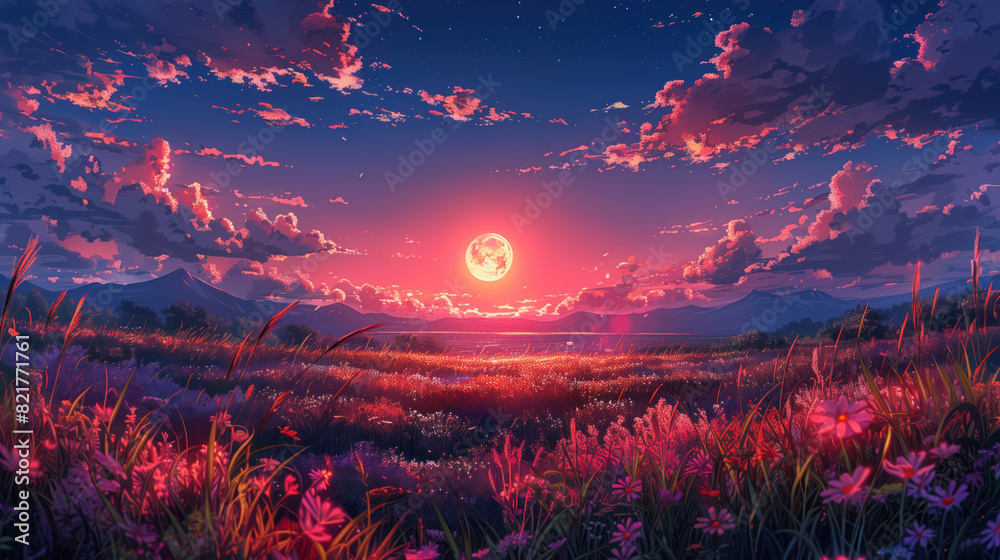 Anime style night flower field with shiny purple moon surrounded with ...