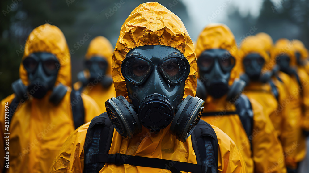 Foto de Group of men wearing bio hazard suits in on city streets due to ...