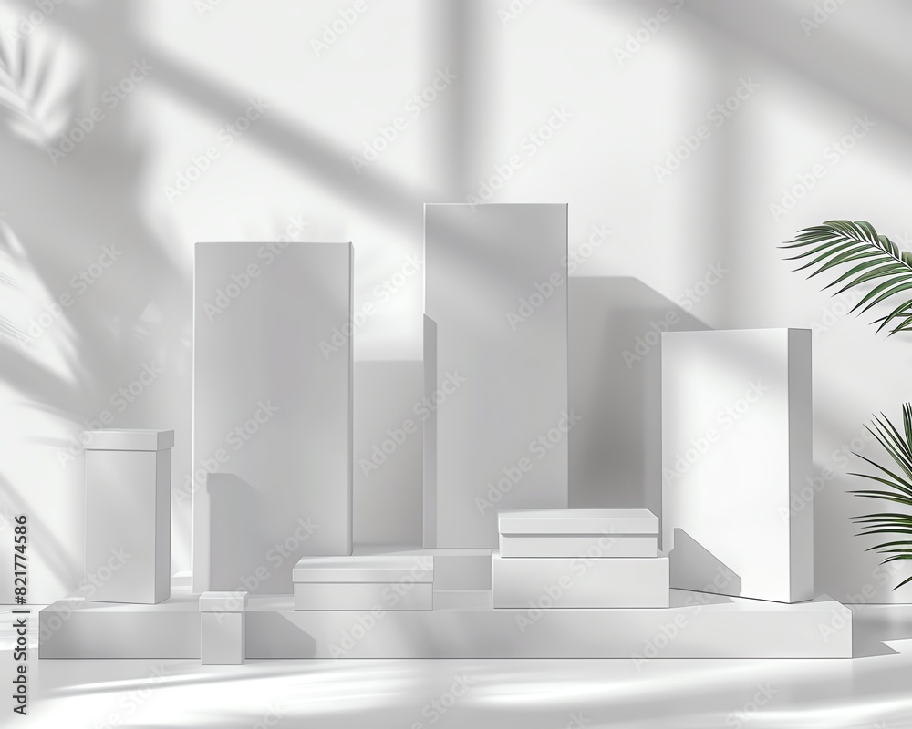 Design a captivating image of modern white product packaging boxes ...