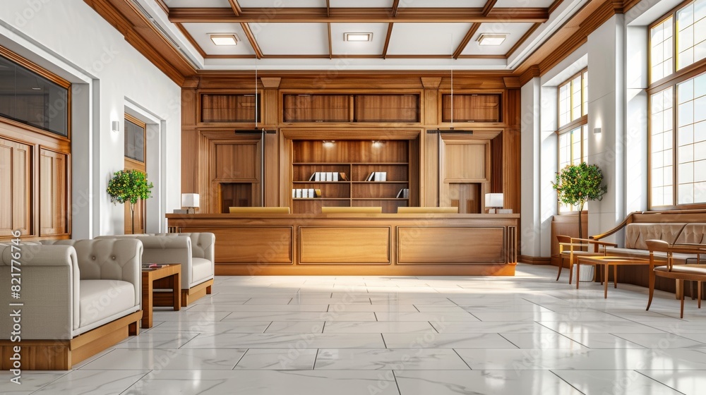Inside the bank is a white and wooden interior with teller counters ...